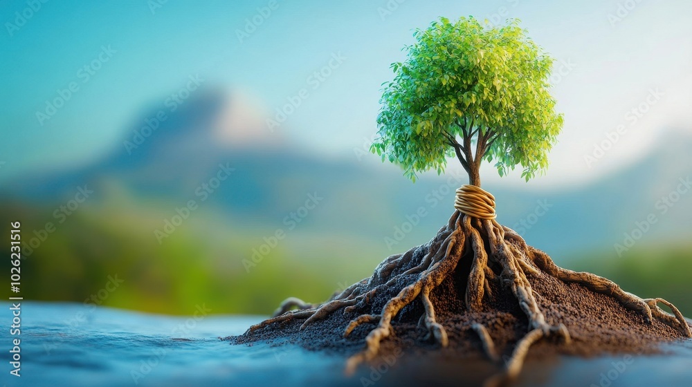 Tree with roots tied in a knot, unable to grow, representing ...
