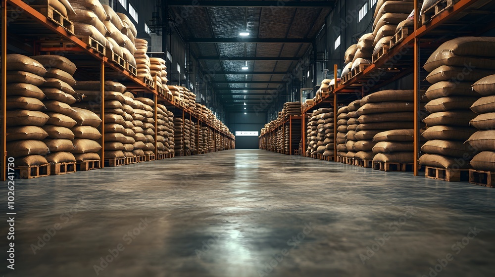 An industrial warehouse filled with stacks of fertilizer bags on wooden ...