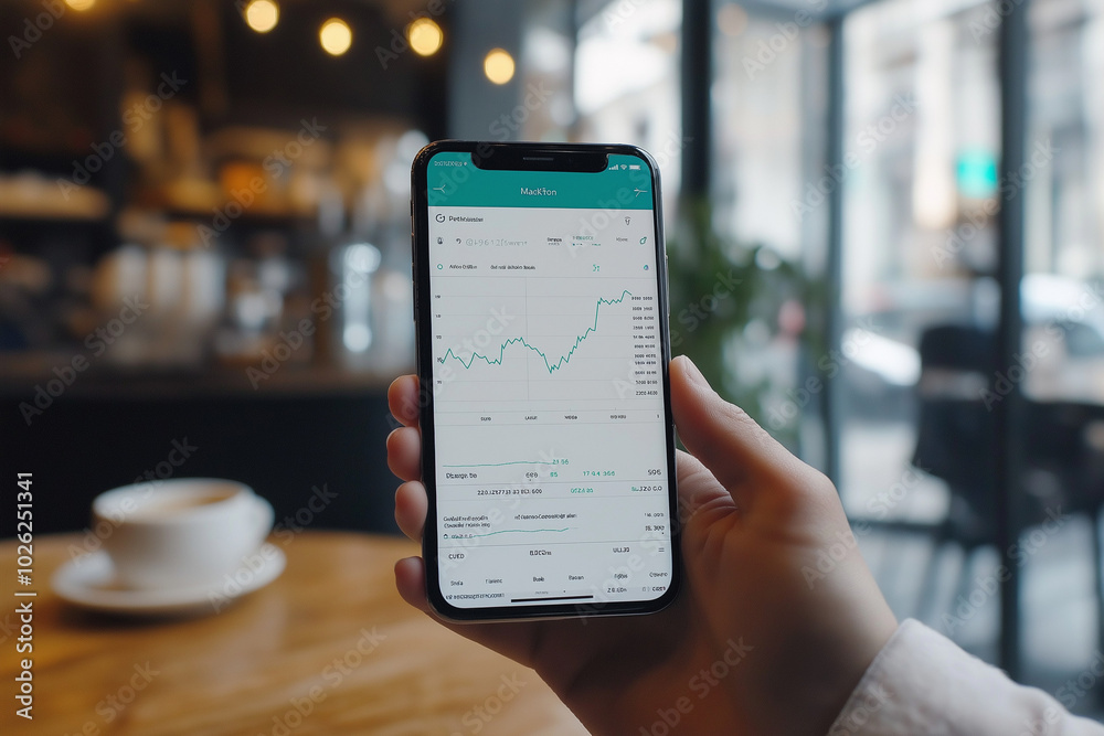 User holding smartphone displaying a detailed stock market chart with ...