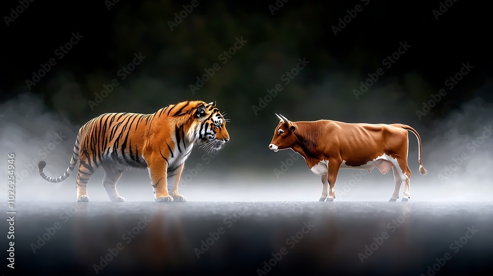 A tense standoff between a fierce tiger and a frightened cow in an open ...