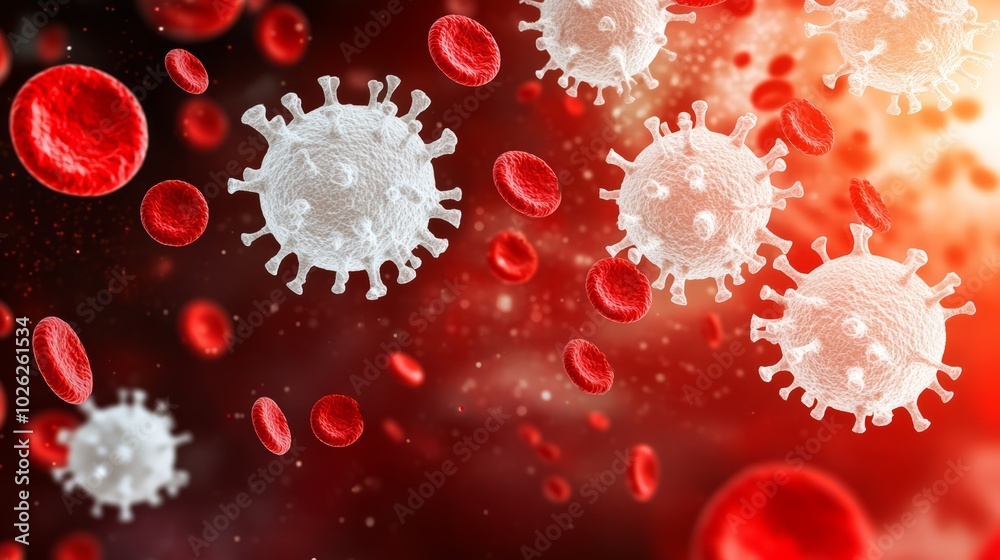 Microscopic view of viruses interacting with red blood cells in a ...