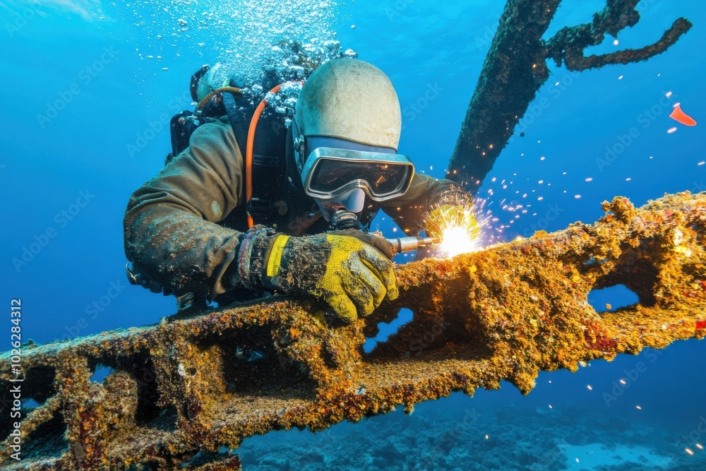 Welder in diving gear fusing metal structures underwater with bright ...