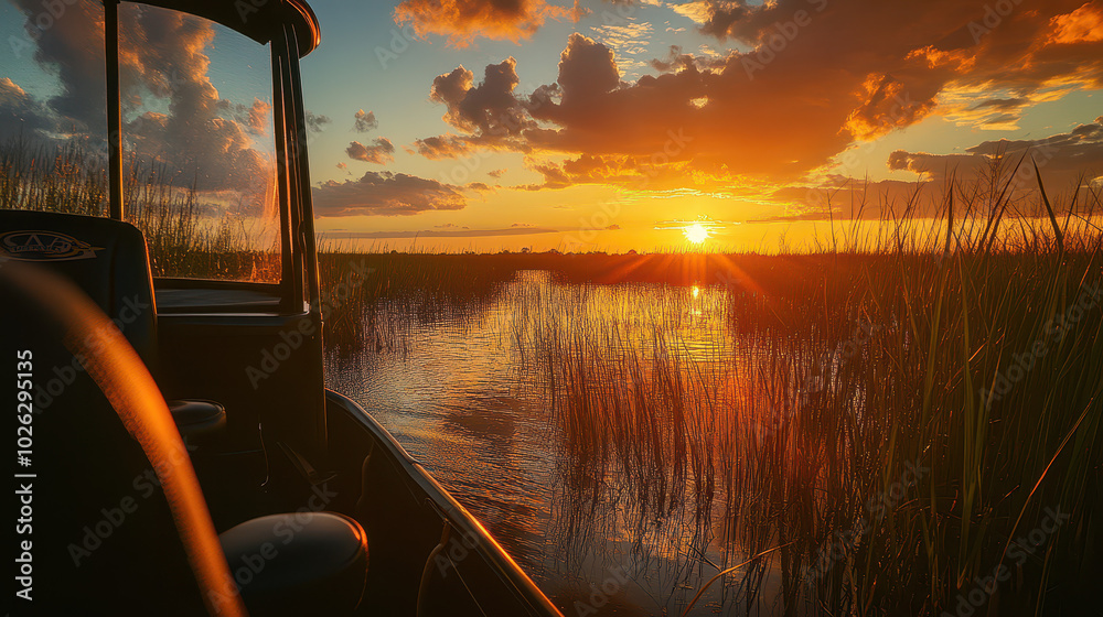 Sunrise over the Florida Everglades: Airboat View with Egrets Wading ...