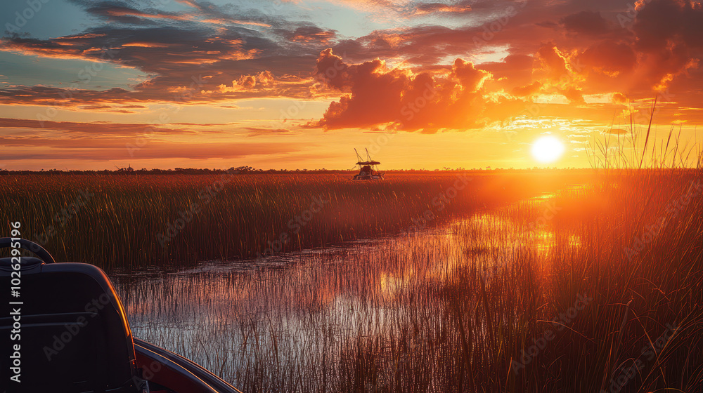 Sunrise over the Florida Everglades: Airboat View with Egrets Wading ...
