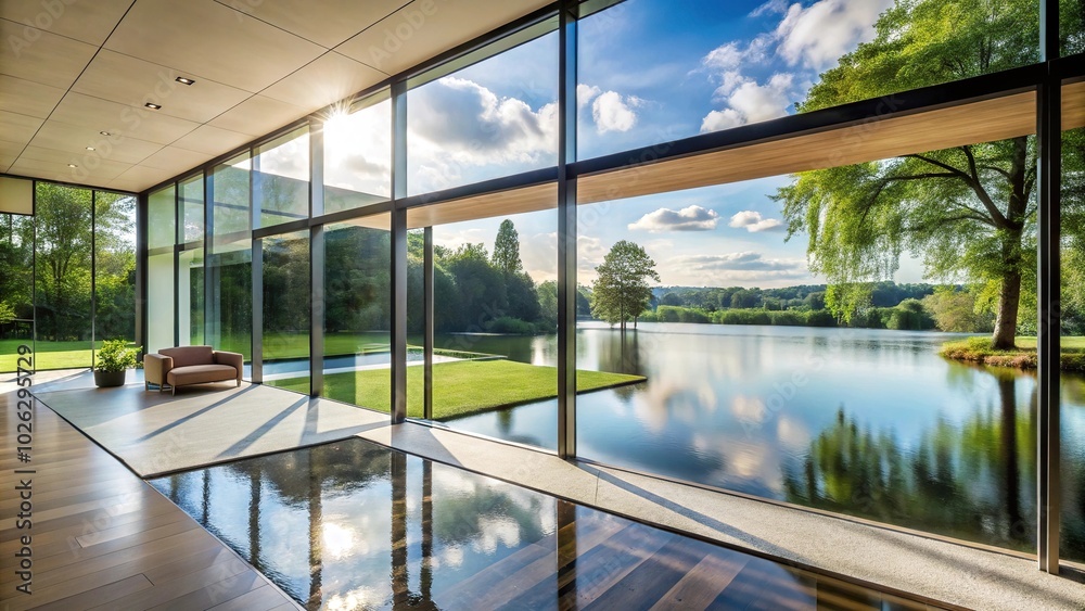 Modernist mansion with floor to ceiling windows overlooking serene lake ...