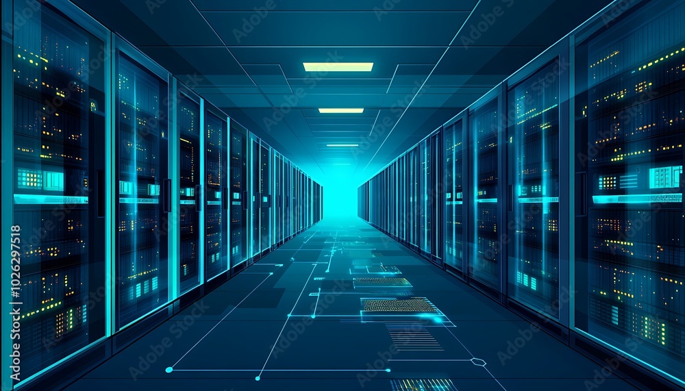 servers and racks in a datacenter. blue binary background. background ...