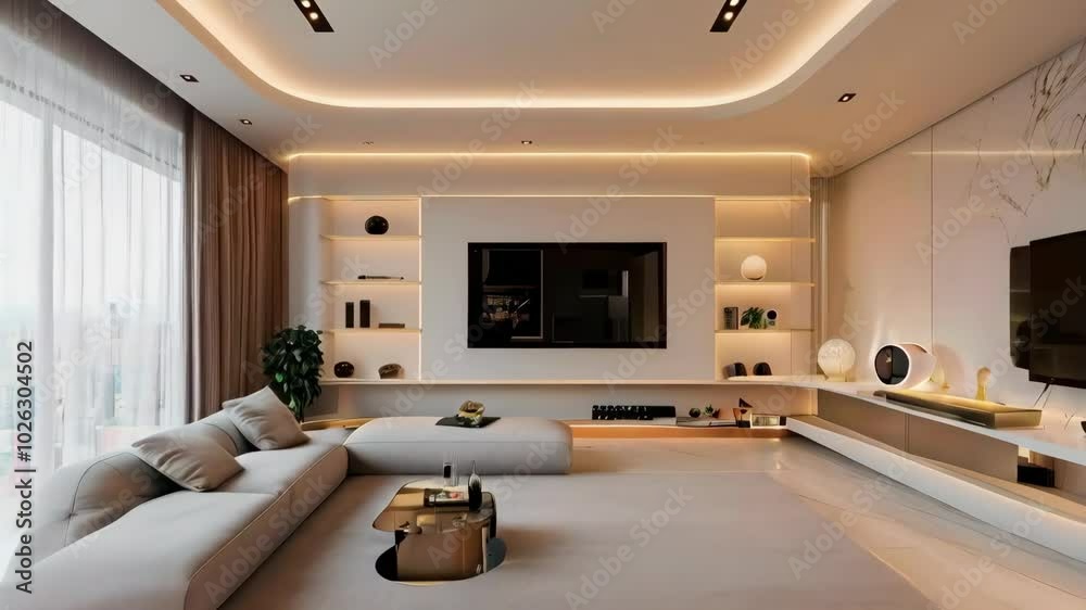 Modern living room interior design with a beige sofa and TV. Stunning ...