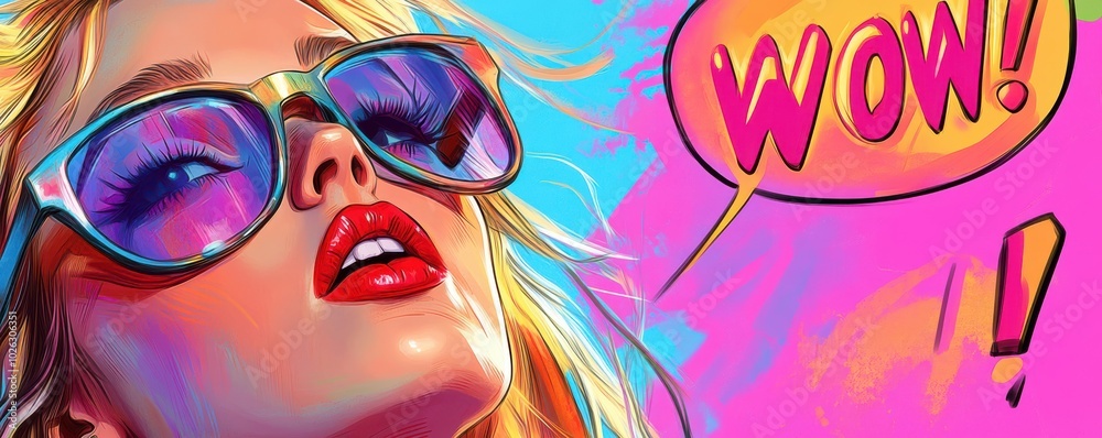 Vibrant pop art animation of a woman with sunglasses and red lipstick ...