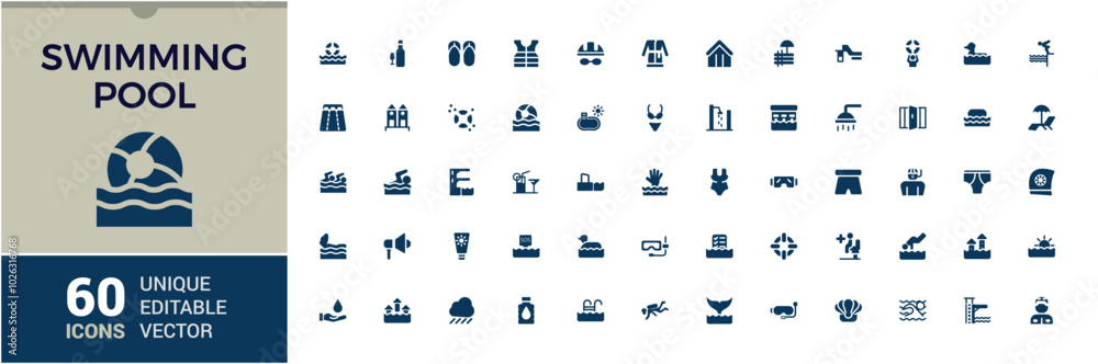 Set of solid swimming pool icons. Related to swimsuit, swimming cap ...
