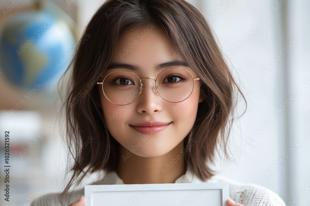 Woman with short hair is holding a white frame. She is smiling and ...