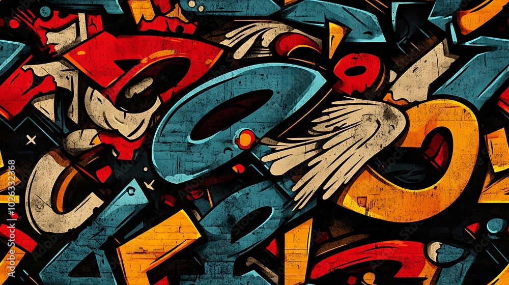 Graffiti pattern featuring angular characters, stylized numbers, and ...