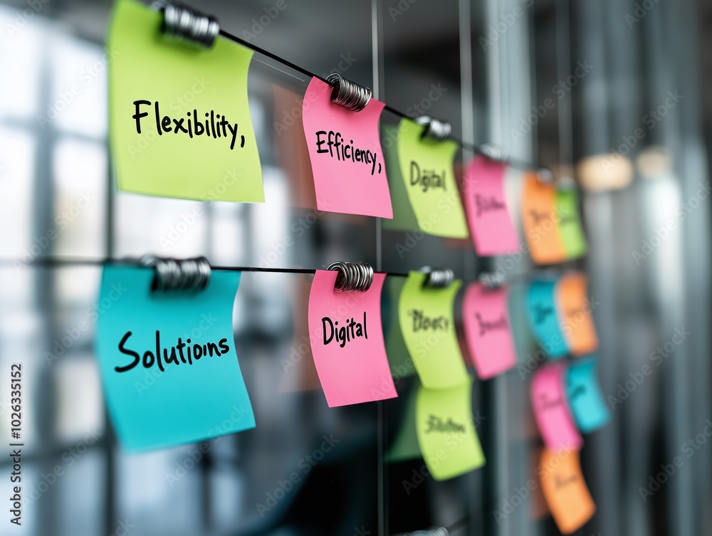 Colorful sticky notes with strategic words on a glass wall ...
