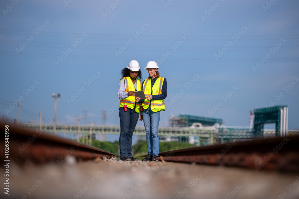 Surveyor engineers team wearing safety uniform and checking inspection ...