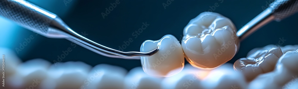 A close-up view of dental instruments positioning a dental crown ...
