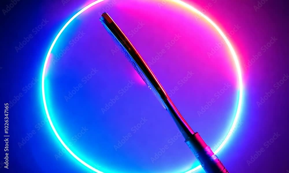 Padel tennis racket in neon lights. Background with copy space. Mockup ...