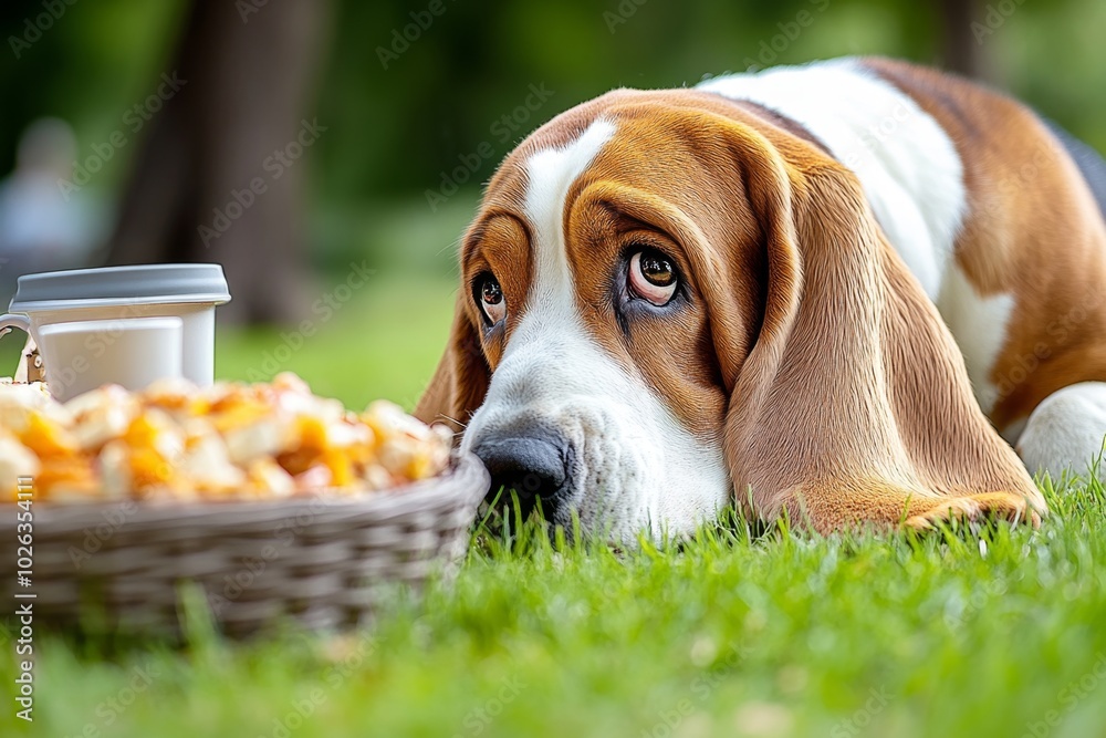 Basset Hound lazily sniffing around a picnic, its long ears dragging ...