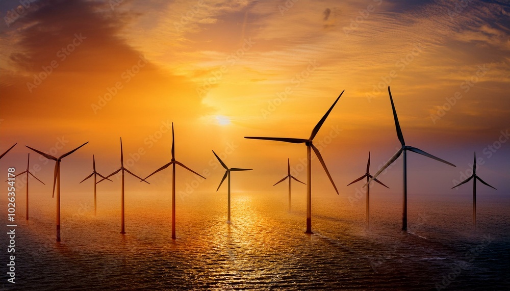 wind power offshore wind turbines on a hazy morning clean electricity ...
