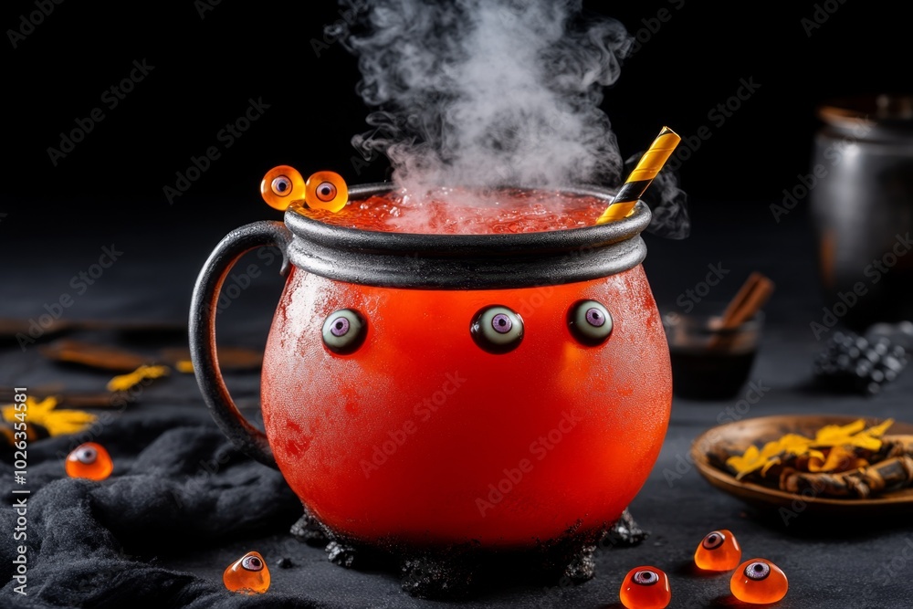 Foto de Blood-red Halloween punch served in a large cauldron, with ...