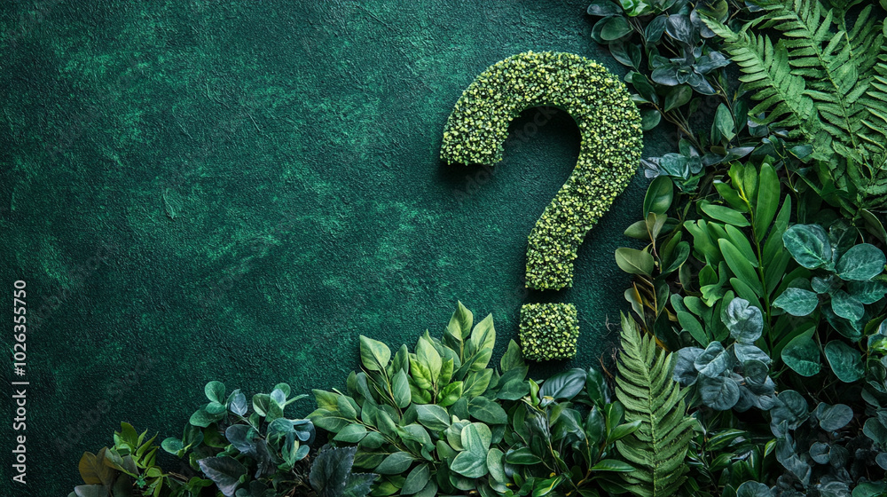 question mark symbol covered in lush green plants, symbolizing growth ...