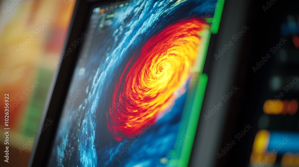 Weather radar displaying the predicted path of an approaching hurricane ...