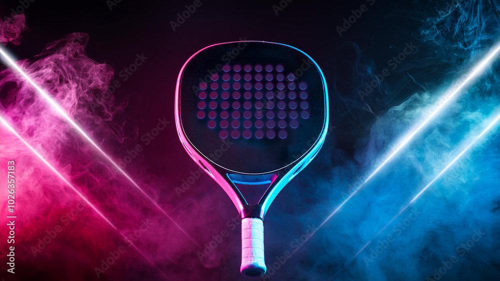 Padel tennis racket in neon lights. Background with copy space. Mockup ...