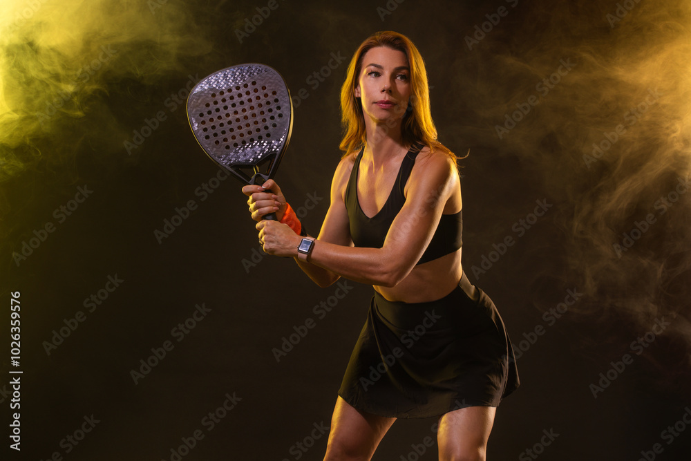 Padel tennis player with racket on open tournament. Girl athlete with ...