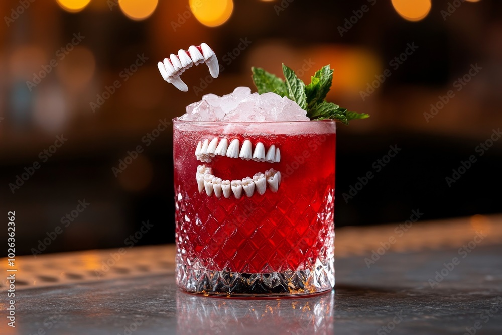 Hyper-detailed cocktail with floating fake teeth, capturing every ...