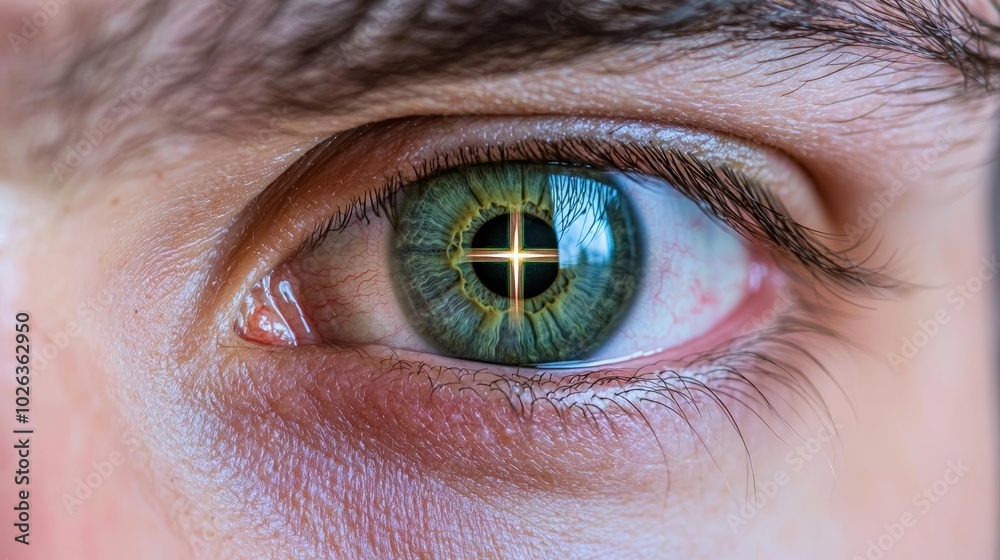 A detailed shot of a man's eye with a cross reflected in the iris ...