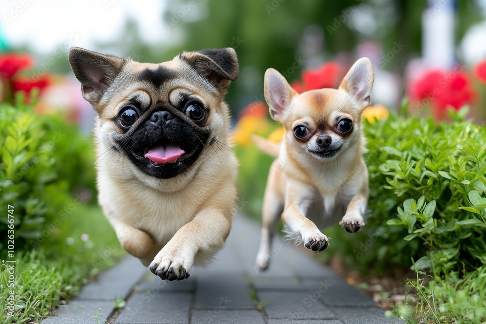 Pug and Chihuahua chasing each other around a garden, their tiny legs ...