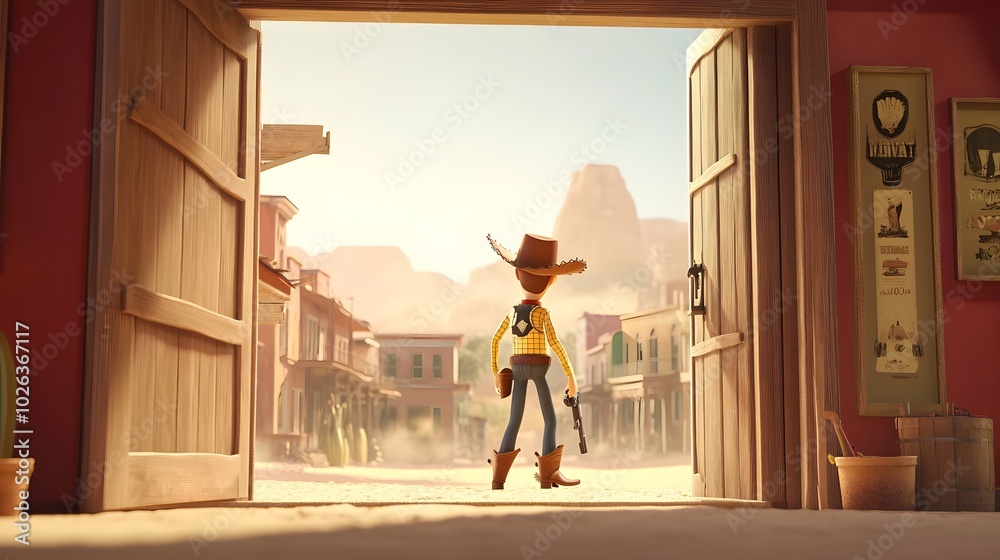 188. A 3D model of a cartoon cowboy standing at a saloon door, with a ...