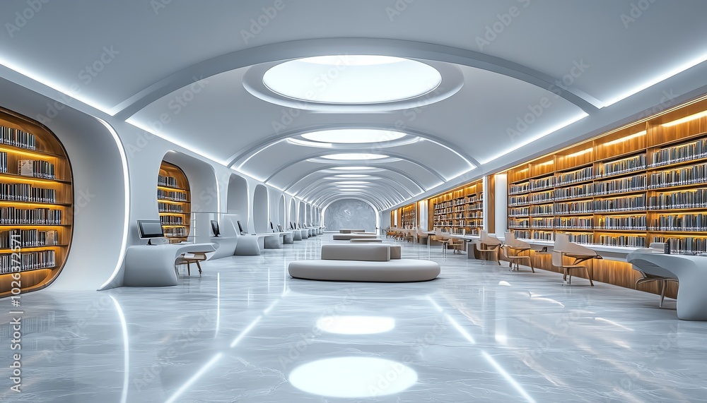 Futuristic public library interior design, clean blank wall space for ...