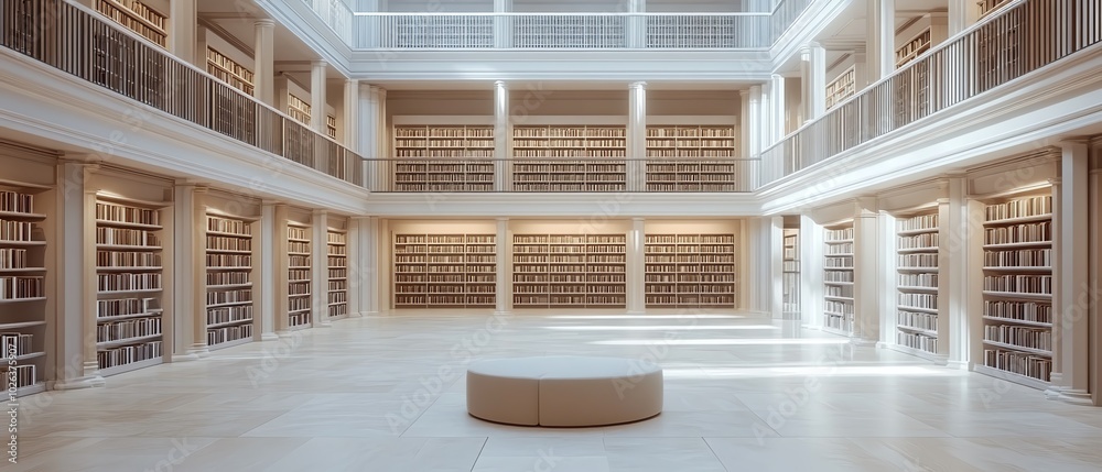 Contemporary public library interior with an open gallery area, empty ...
