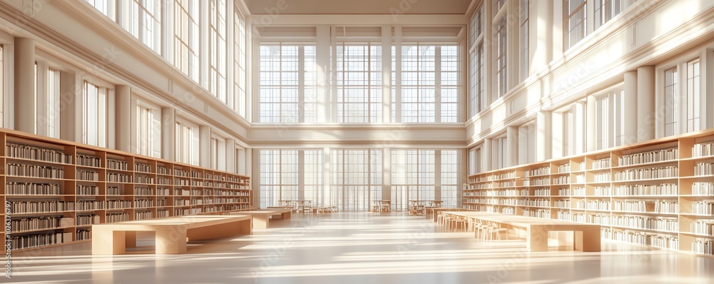Minimalist public library with neutral color tones, blank wall space ...