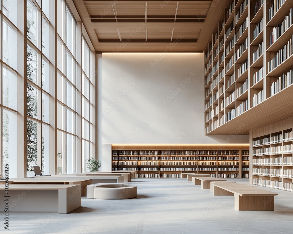 Minimalist public library with neutral color tones, blank wall space ...