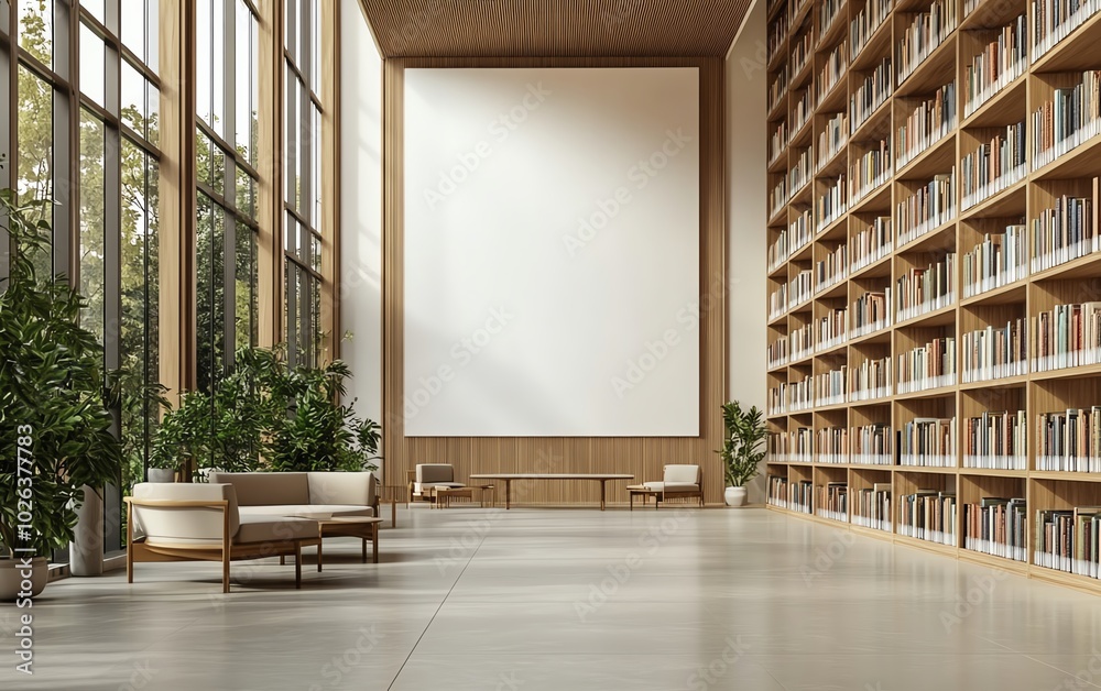 Modern public library interior with minimalist design, blank white wall ...