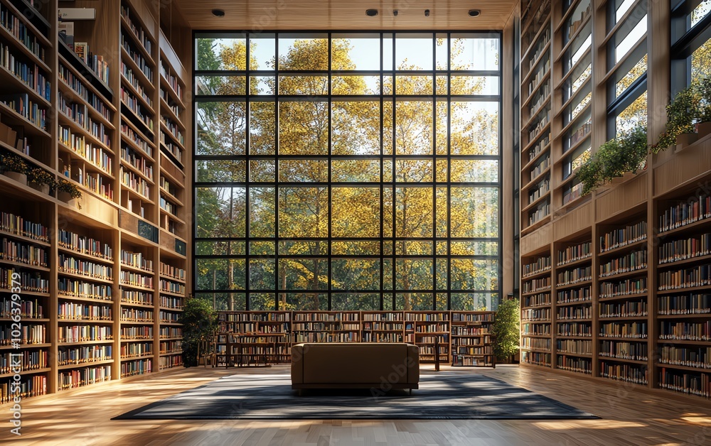 Spacious public library interior featuring contemporary style, blank ...