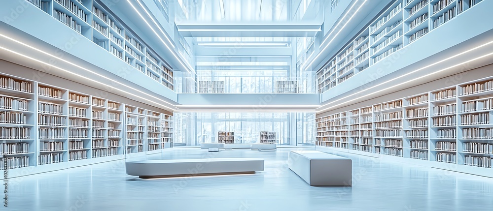 Contemporary public library interior with an open gallery area, empty ...