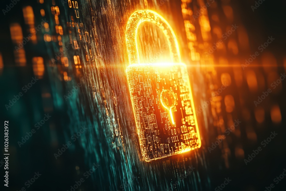 Stunning digital lock symbolizing cybersecurity and data protection in a vibrant technology ...