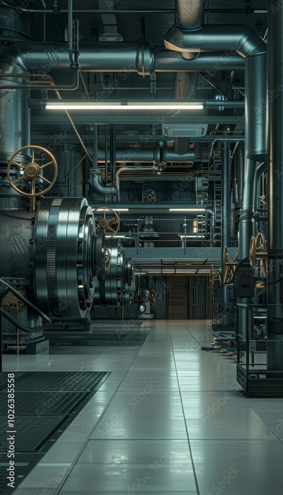 Realistic factory boiler pump room with advanced hvac system and ...