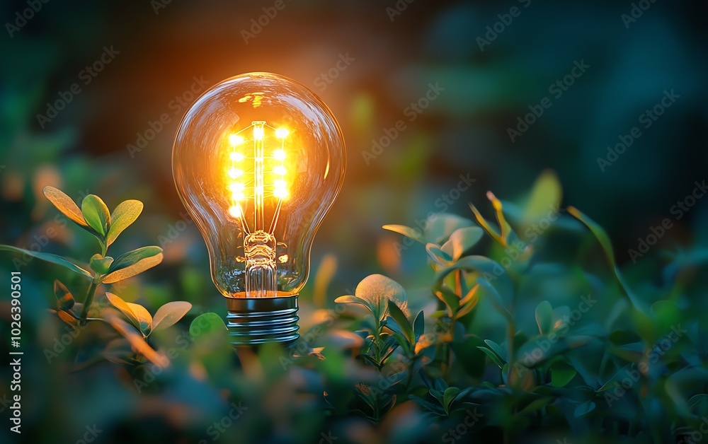 Fluorescent LED lightbulb glowing brightly, representing energysaving ...