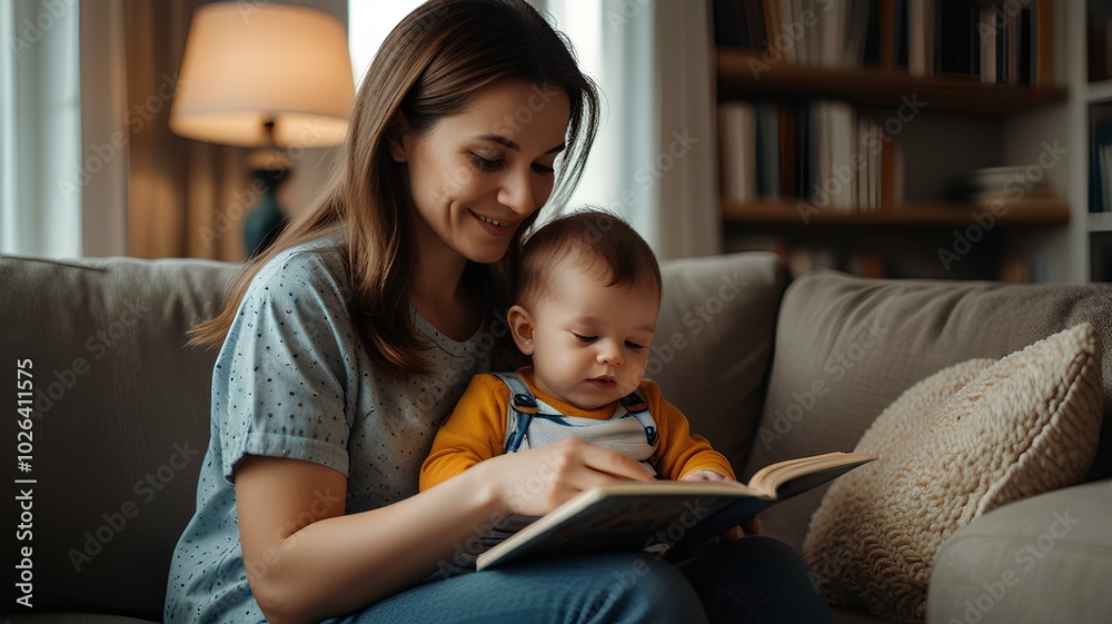 Mom reading book with baby boy toddler at home. Early age children ...