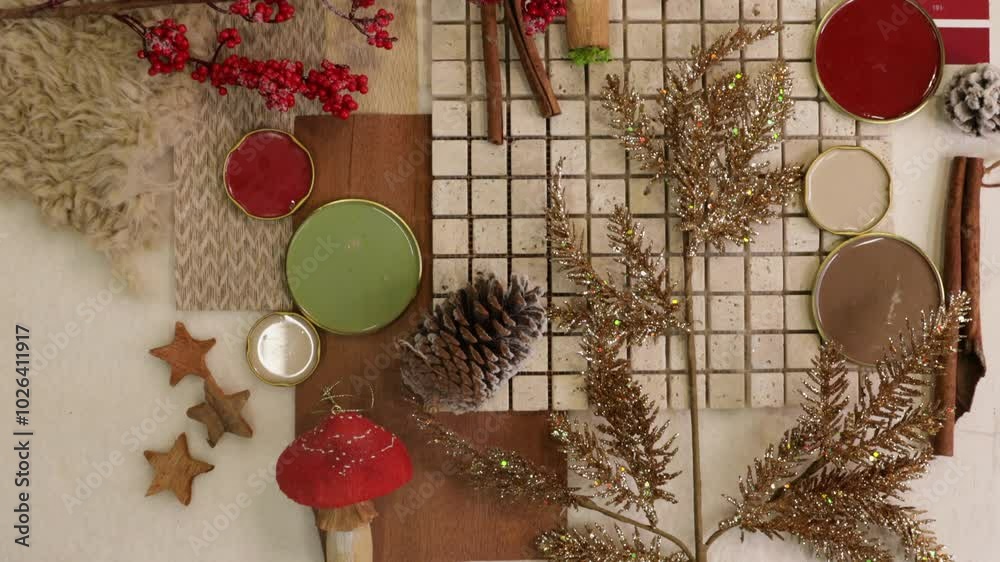 Christmas mood board color palette in red and green tones for interior decor and design. Top ...