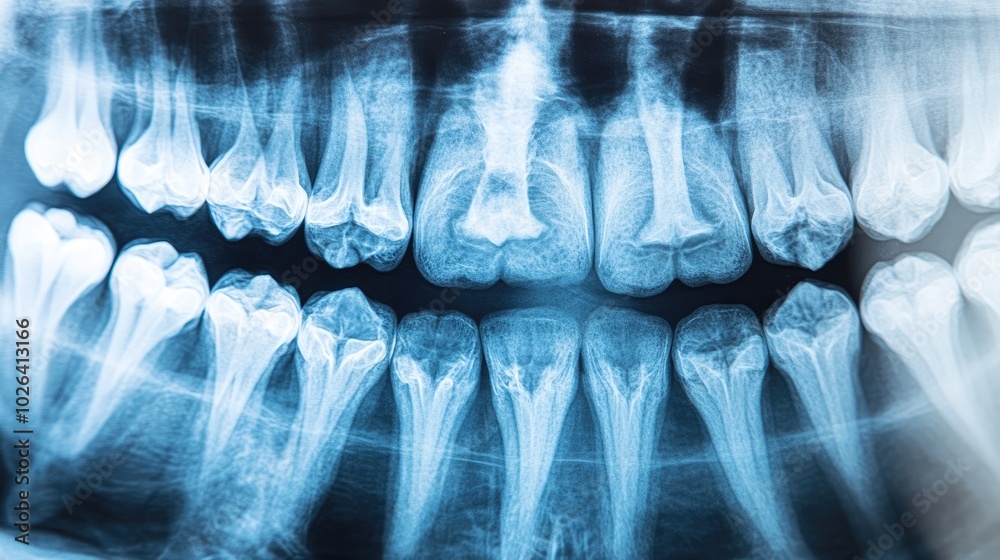 Detailed X-ray of human teeth focusing on wisdom tooth growth, root ...