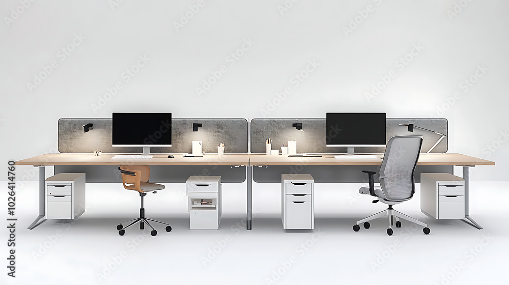 Functional workspace concept with modular furniture, ergonomic ...