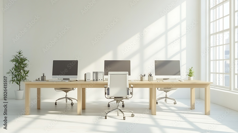 Minimalist office design featuring clean white walls, sleek wooden ...