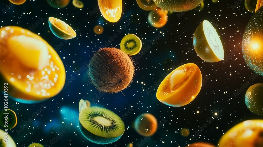 A surreal cosmic scene where planets made of tropical fruits like ...