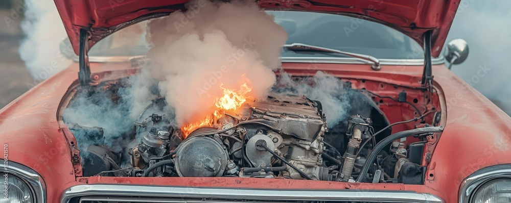 Damaged V8 engine with fire under the hood of a classic red car, smoke ...