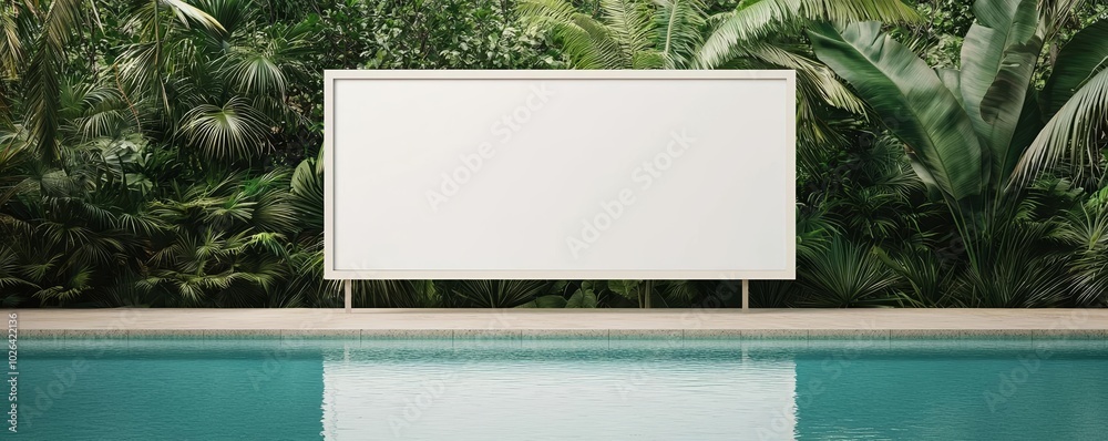 Outdoor billboard near a crystal-clear pool in a tropical garden ...