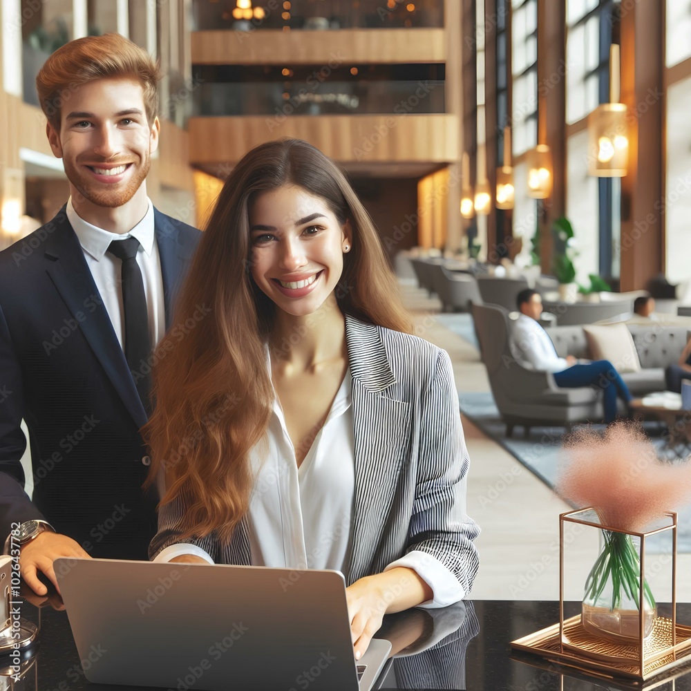 Happy receptionist at hotel front desk counter welcoming business ...