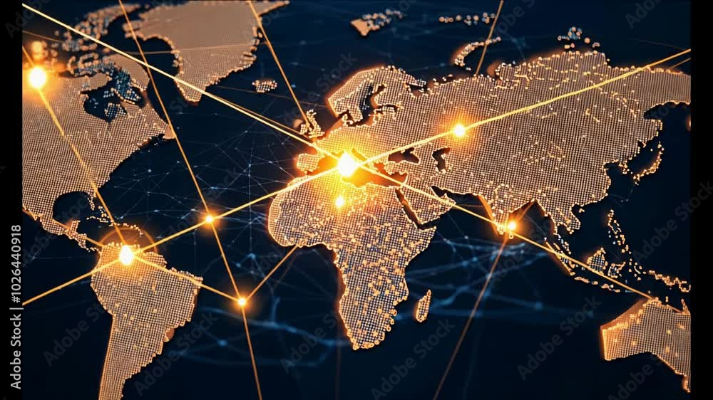 Golden world map of global logistics, communication network lines ...